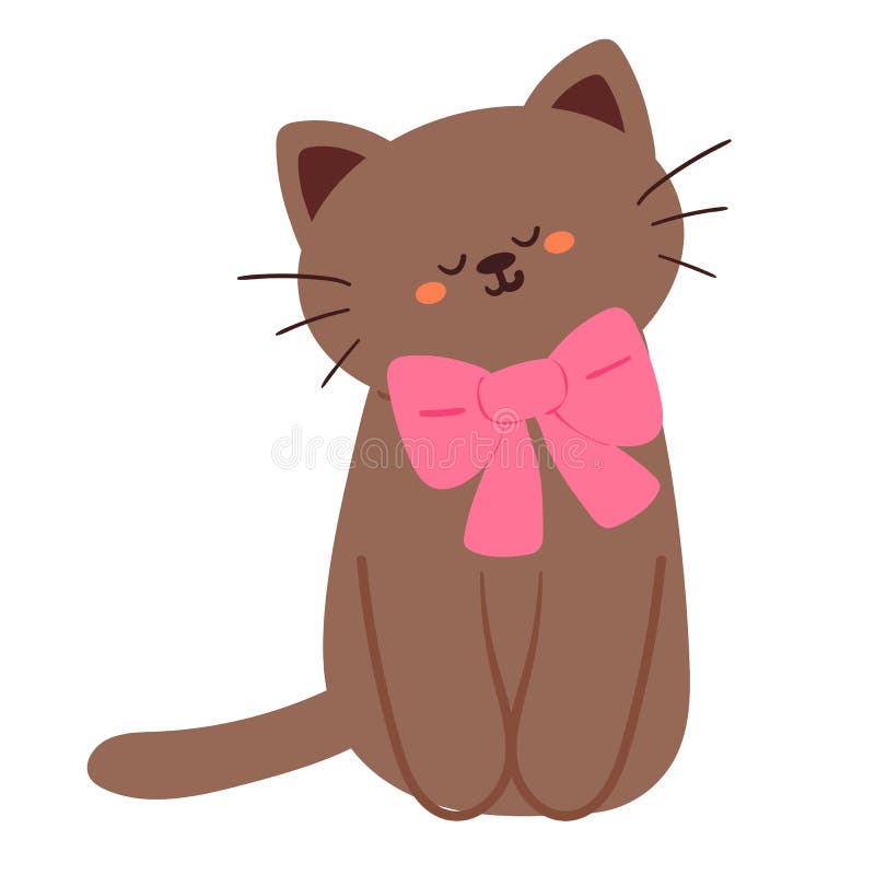 Cute Cartoon Cat Smiling with Pink Ribbon Stock Vector - Illustration ...