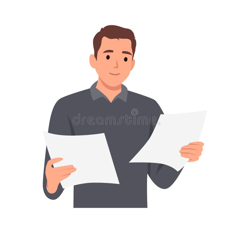 Young Man Looking through Paper Documents, Satisfied with Research ...