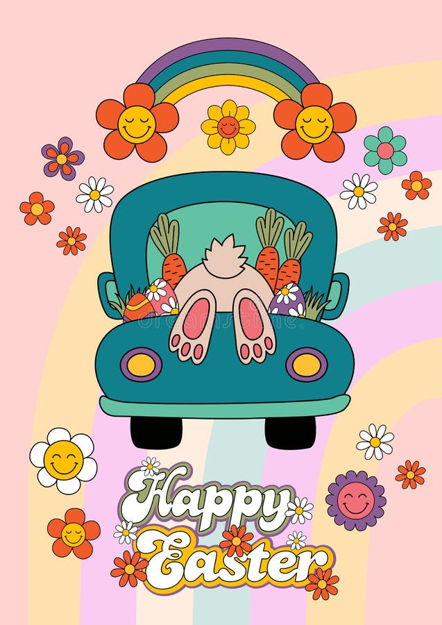 Easter Card with Truck, Groovy Rabbit, Rainbow Stock Vector ...