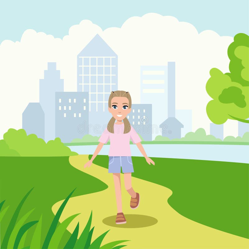 Cute Girl Walking on the Street from Front View, Kid Summer Outdoor ...