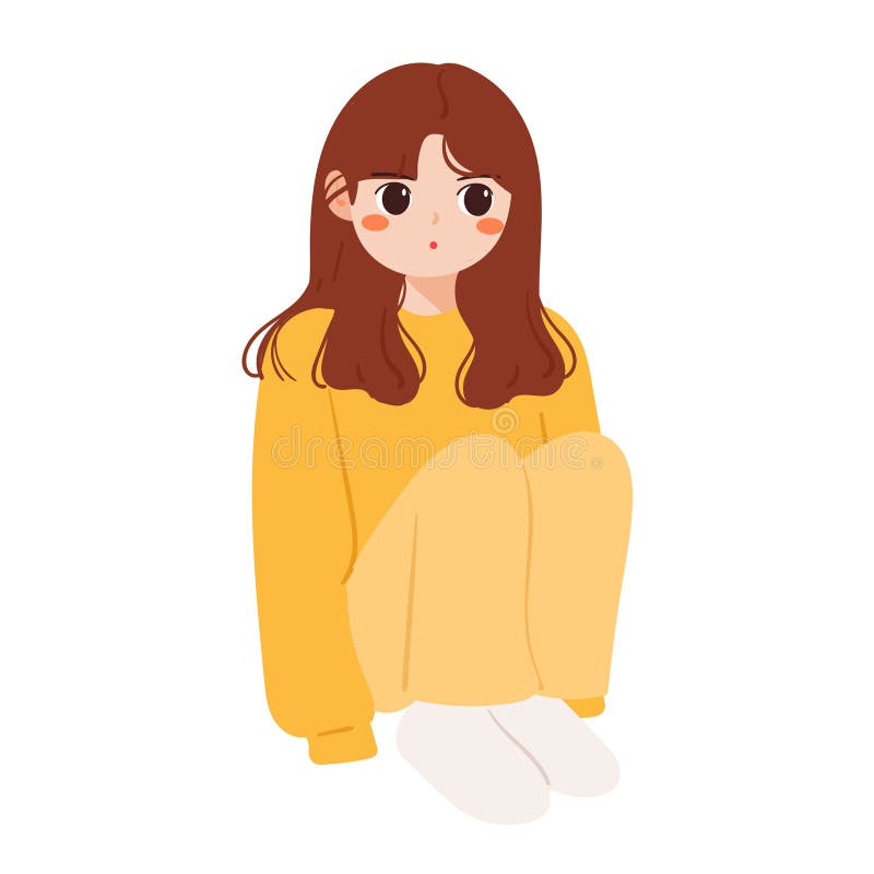 Hand Drawing Cartoon Girl Sitting while Thinking Hard Stock Vector ...