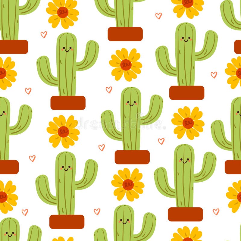 Seamless Pattern Cartoon Cactus and Flower. Cute Animal Wallpaper for ...