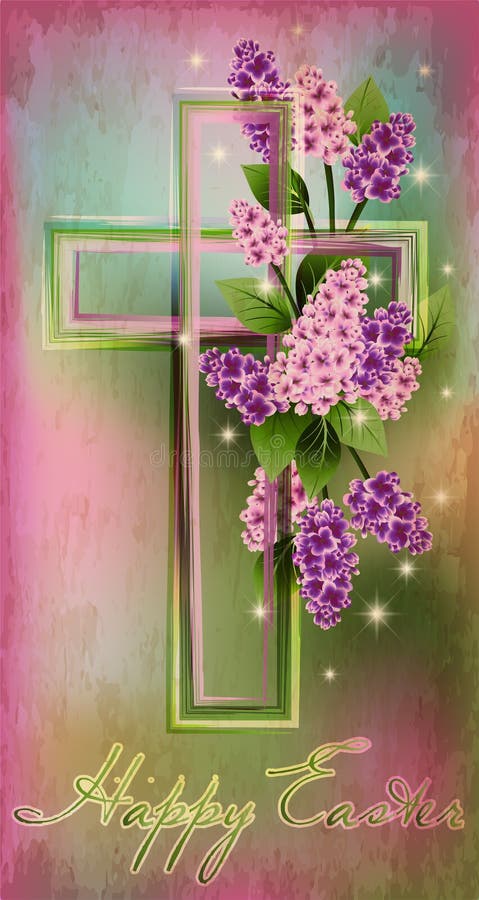 Happy Easter Greeting Card. Christian Cross with Flowers Lilac Stock ...