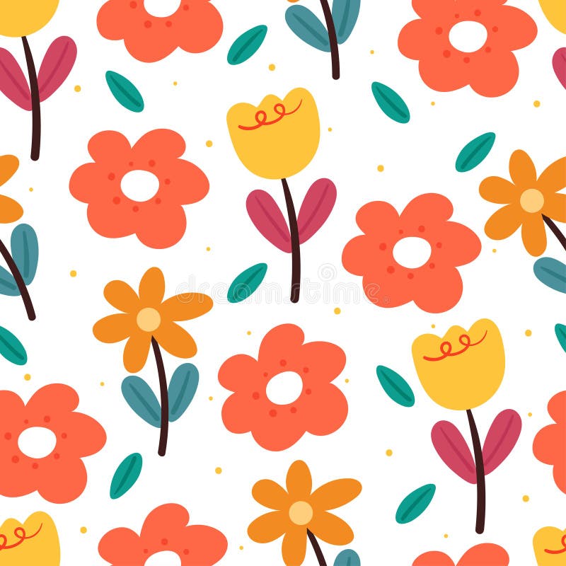 Seamless Pattern Cartoon Flower and Leaves. Botanical Wallpaper for ...