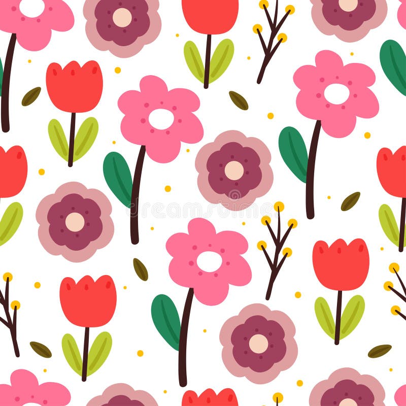 Seamless Pattern Cartoon Flower and Leaves. Botanical Wallpaper for ...