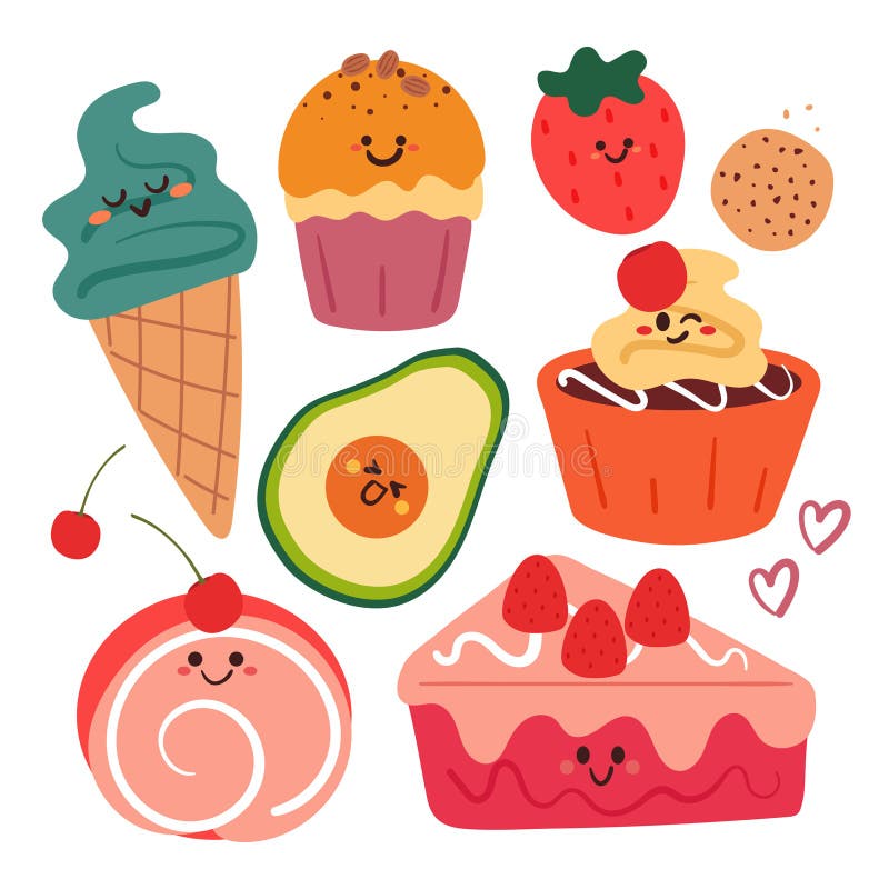 Hand Drawing Cartoon Set of Cute Dessert Sticker Set Stock Vector ...