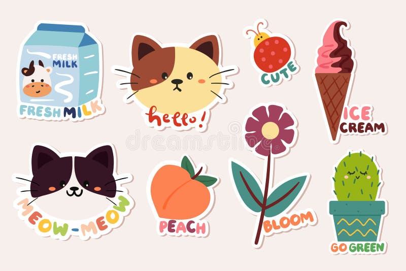 Hand Drawing Cartoon Cute Kawaii Sticker Set Stock Vector ...