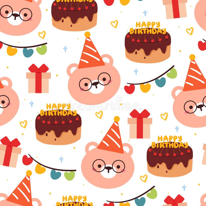 Seamless Pattern Cartoon Birthday Bear. Cute Animal Wallpaper ...