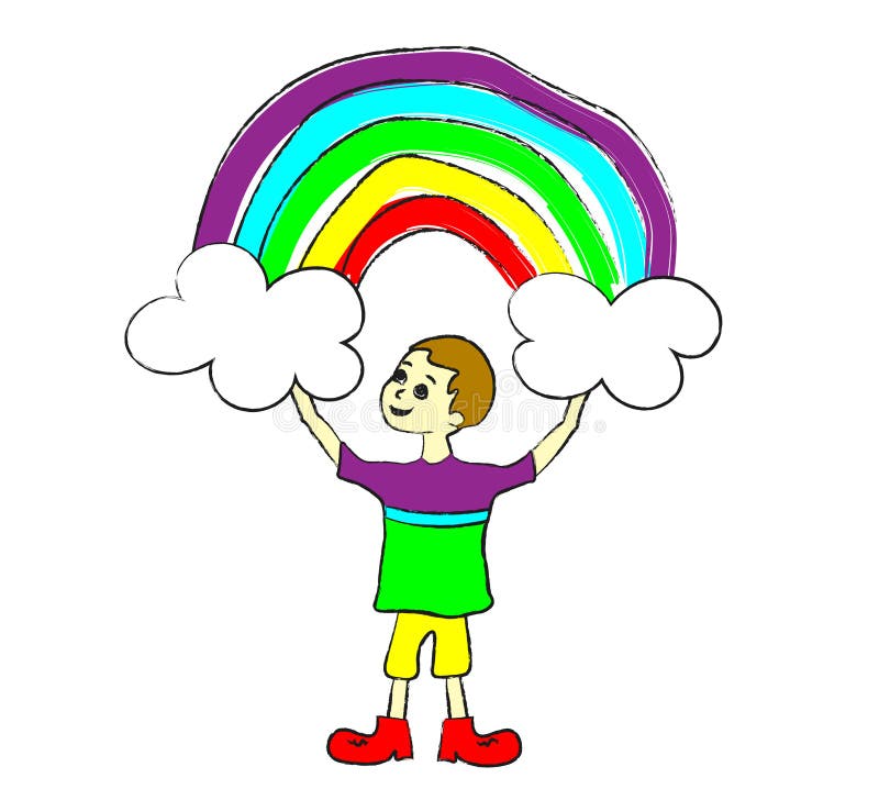 Cartoon Boy Holding Clouds and Rainbow Over His Head Stock Vector ...