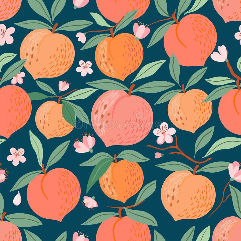 Summer Seamless Pattern with Ripe Peaches and Flowers, Decorative ...