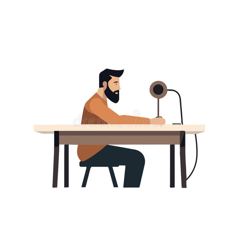 Man Sitting at Desk and Working on Computer, Cartoon Vector ...