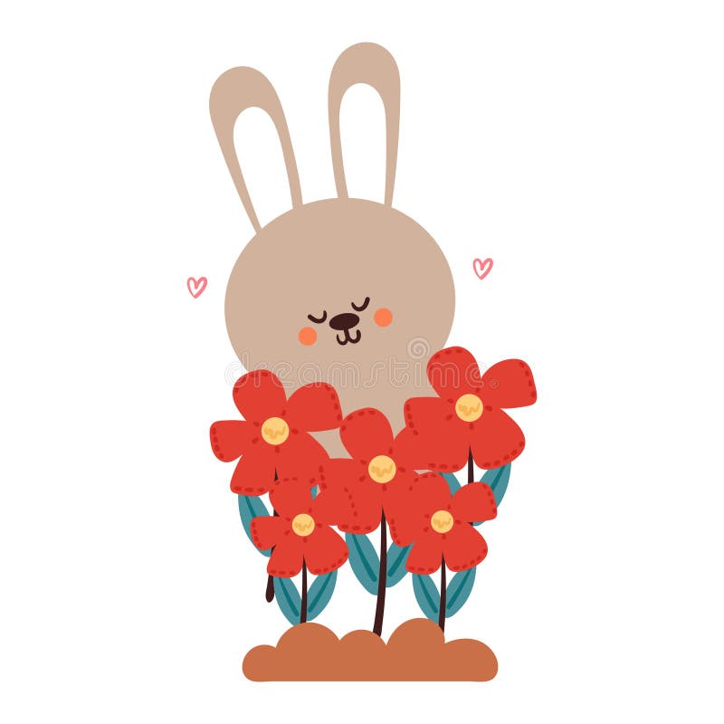 Cute Drawing Cartoon Bunny with Red Flower Stock Vector - Illustration ...