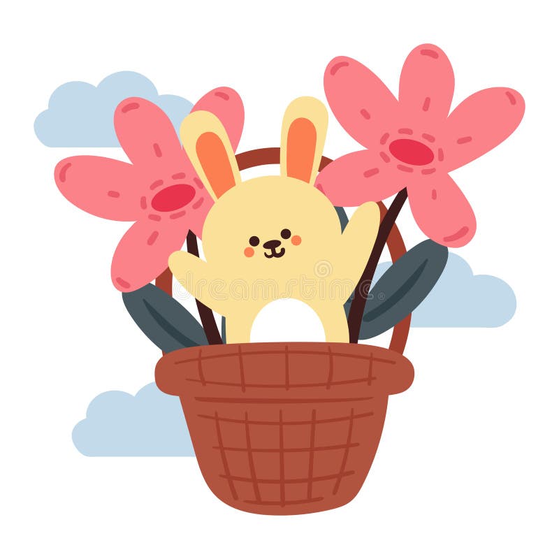 Hand Drawing Cute Cartoon Bunny Inside the Flower Basket Stock Vector ...