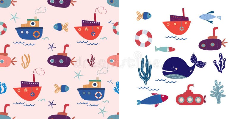 Summer Marine Collection with Seamless Pattern and Cute Nautical ...