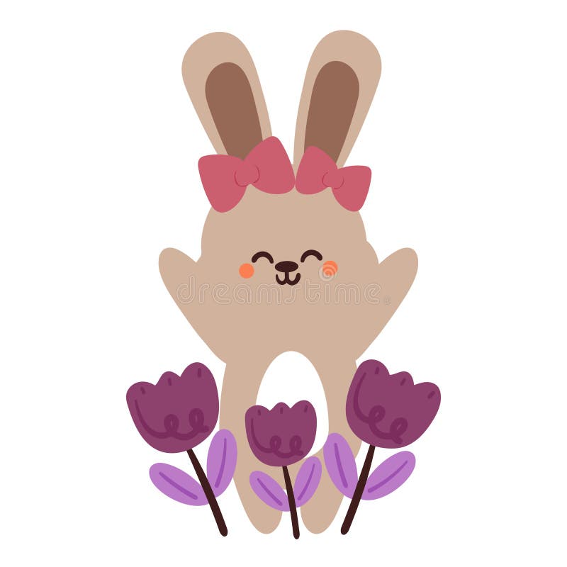 Hand Drawing Cartoon Bunny and Purple Tulip. Cute Animal Icon for ...