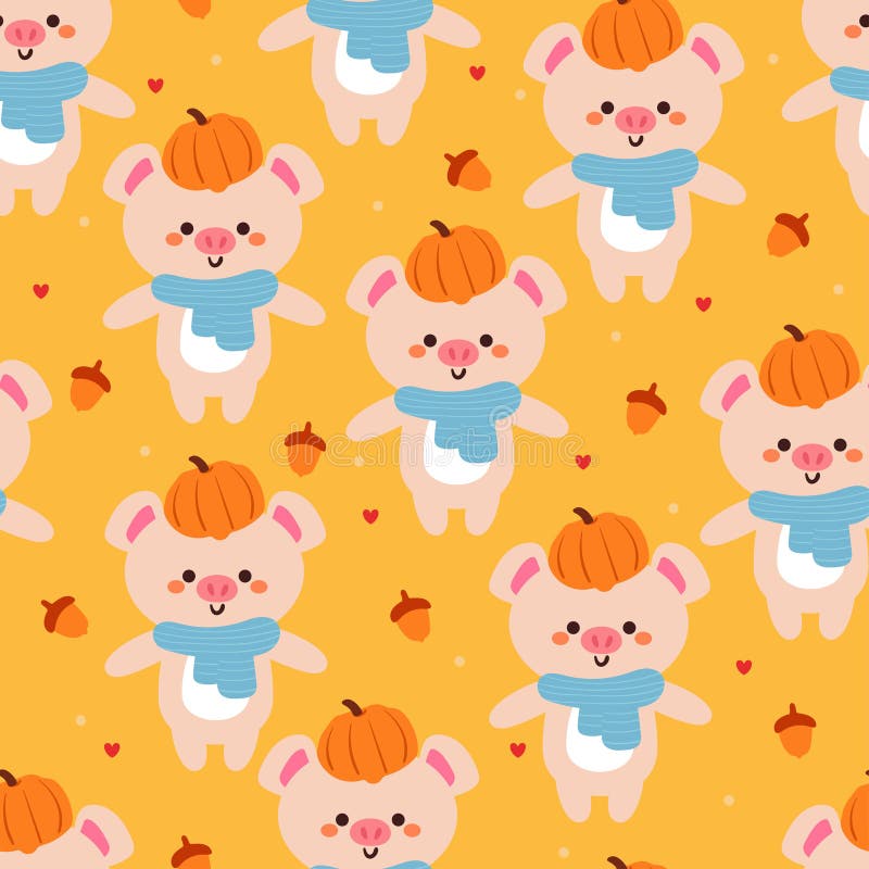Seamless Pattern Cartoon Pig, Pumpkin and Autumn Vibes Element. Cute ...