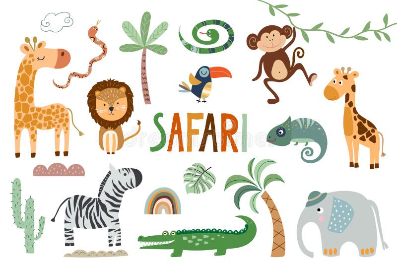 Safari Collection with Cute Animals Isolated on White, Vector Design ...