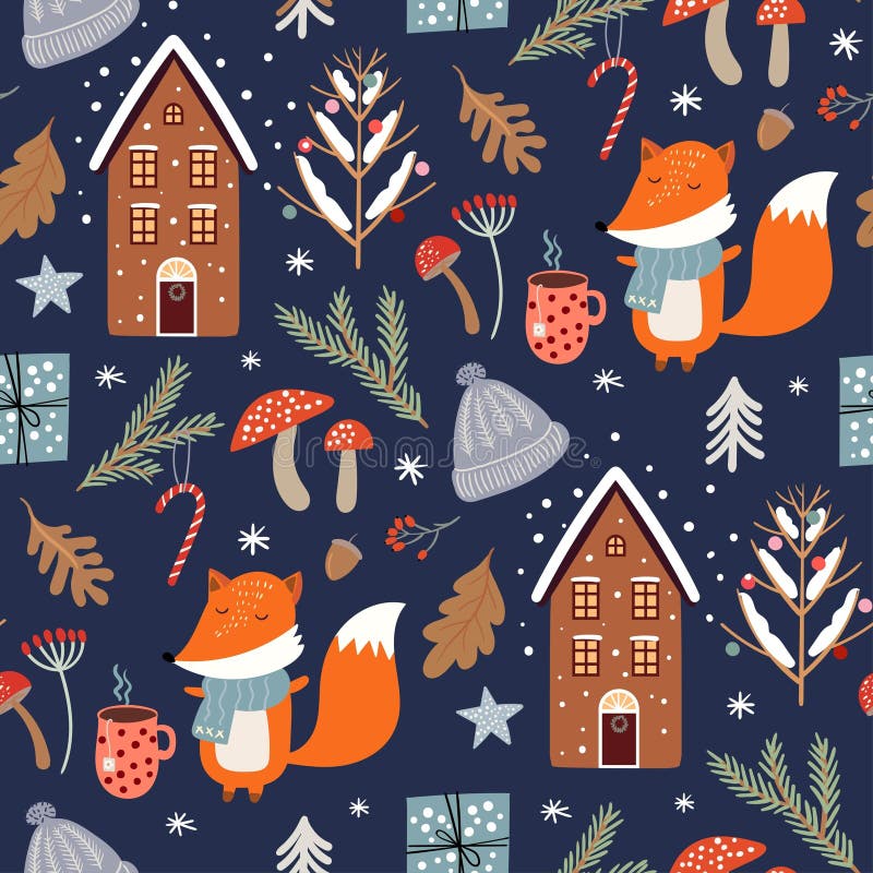 Winter Seamless Pattern with Cute Foxes and Decorative Elements ...