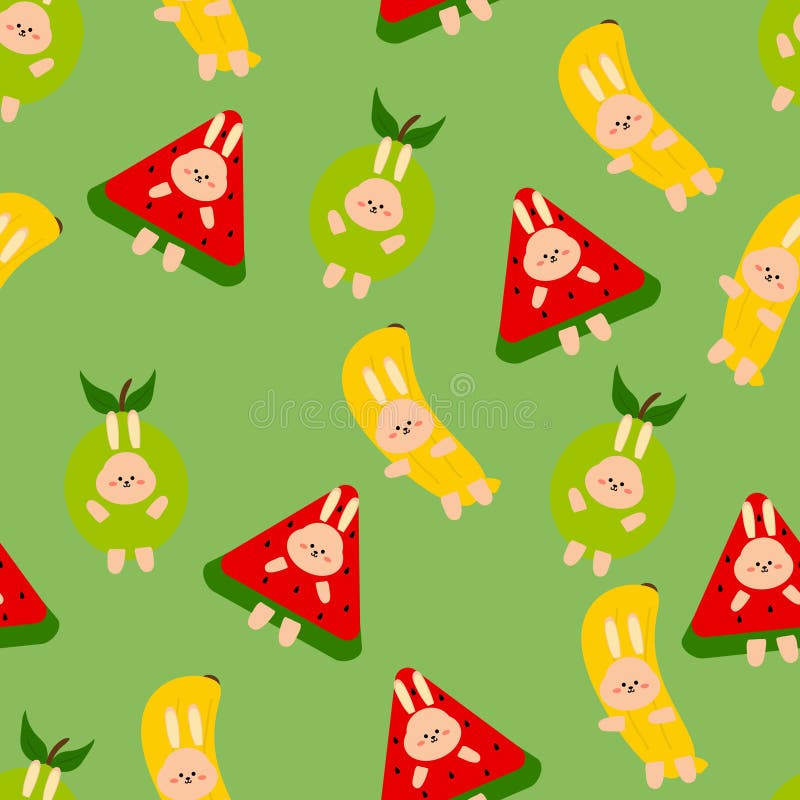 Seamless Pattern with Cute Cartoon Rabbits in Fruit Costumes, for ...