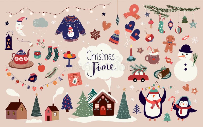 Christmas Time Elements Collection with Winter Seasonal Design, Vector ...