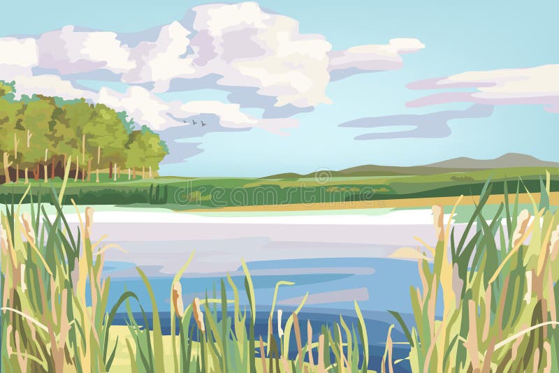 A Beautiful Natural Green Scenery and Blue River Stock Illustration ...