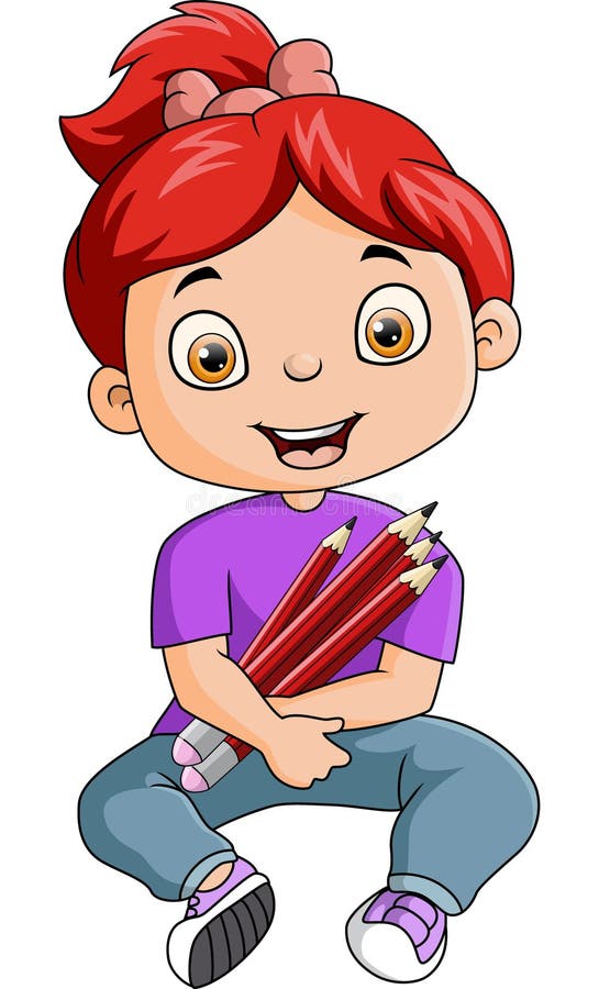 Cute Little Girl Cartoon Holding a Pencils Stock Vector - Illustration ...