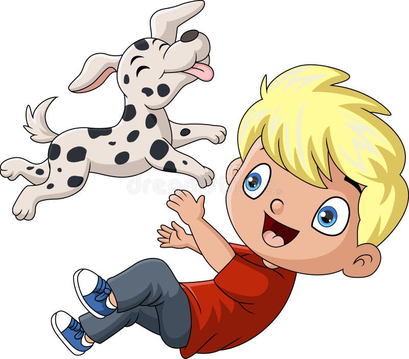 Cute Little Boy Cartoon Playing His Dog Stock Vector - Illustration of ...