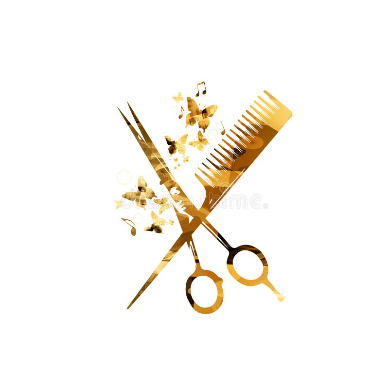Gold Comb and Scissors Design with Butterflies. Vector Illustration ...