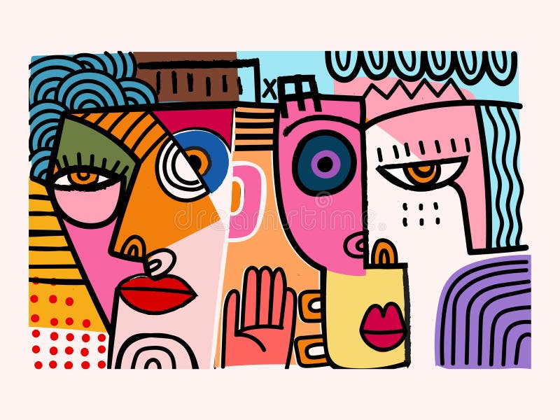 Two Face Abstract Doodle Outline Art Print. Stock Vector - Illustration ...