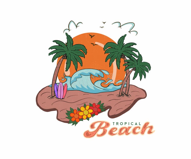 Tropical Summer Beach Wave with Palm Trees, Mountains and Sunset. Stock ...