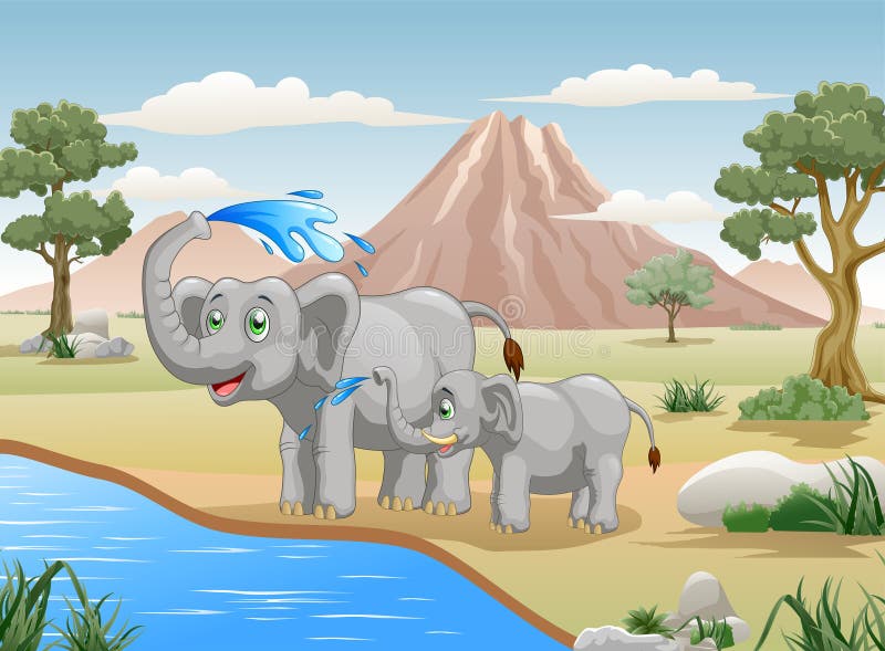 Cartoon Elephant Family in the Savannah Stock Illustration ...