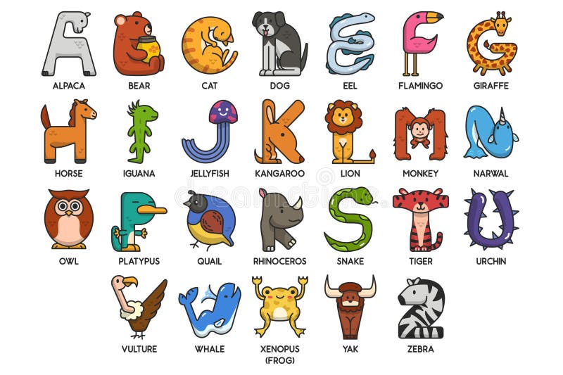 Cute Vector Animals in Alphabet Letter Form Stock Vector - Illustration ...