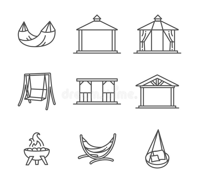 Garden Structures, Buildings and Furniture Thin Line Style Icon Set ...