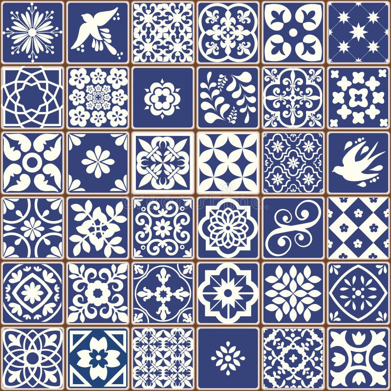 Blue Portuguese Tiles Pattern - Azulejos Vector, Fashion Interior ...