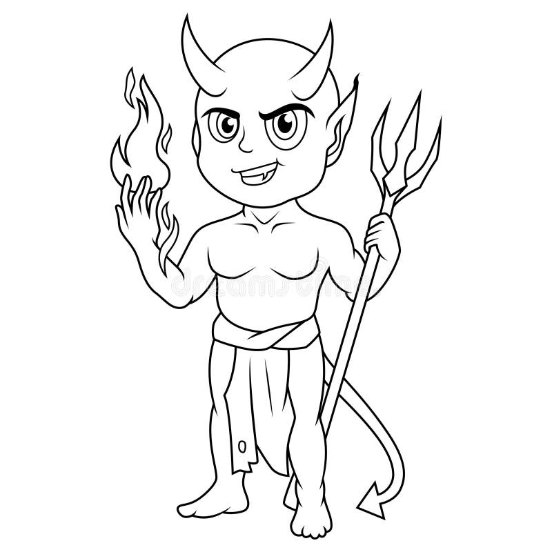 Scary Demon Cartoon Standing with Pitchforks and Fireballs Line Art ...