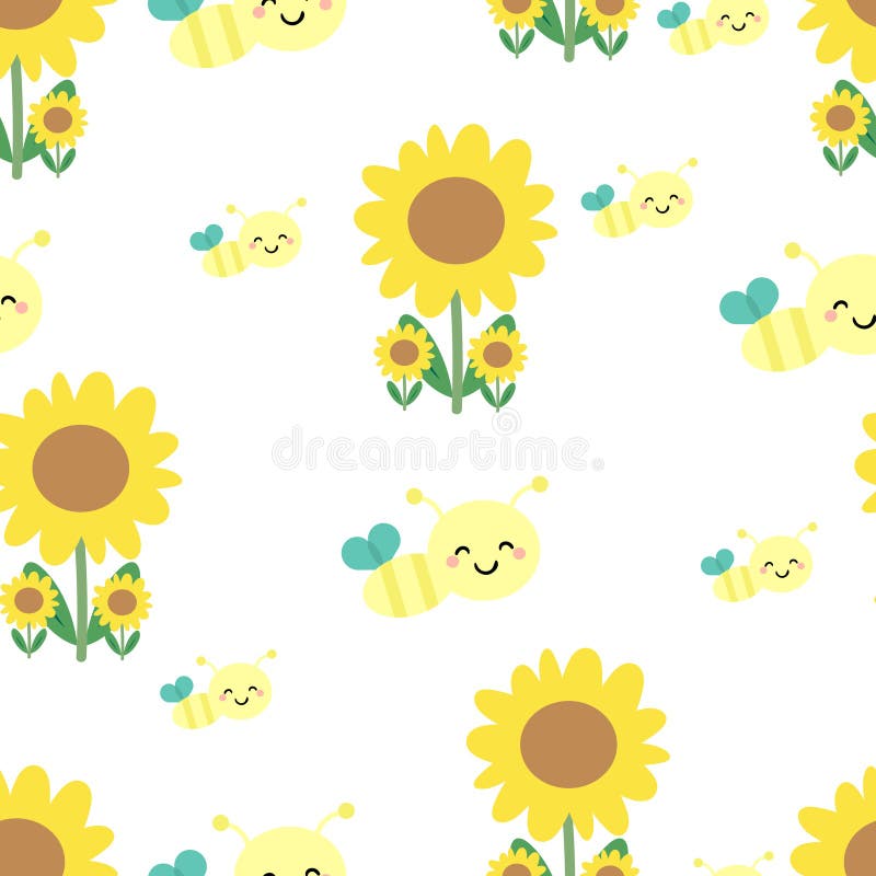 Seamless Pattern with Cartoon Sunflowers and Bees, for Fabric Prints ...