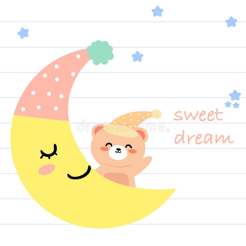 Cute Hand Drawing Cartoon Bear Sleeping on the Moon Stock Vector ...