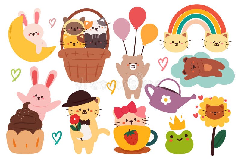 Hand Drawing Cartoon Animal Sticker Set Stock Vector - Illustration of ...