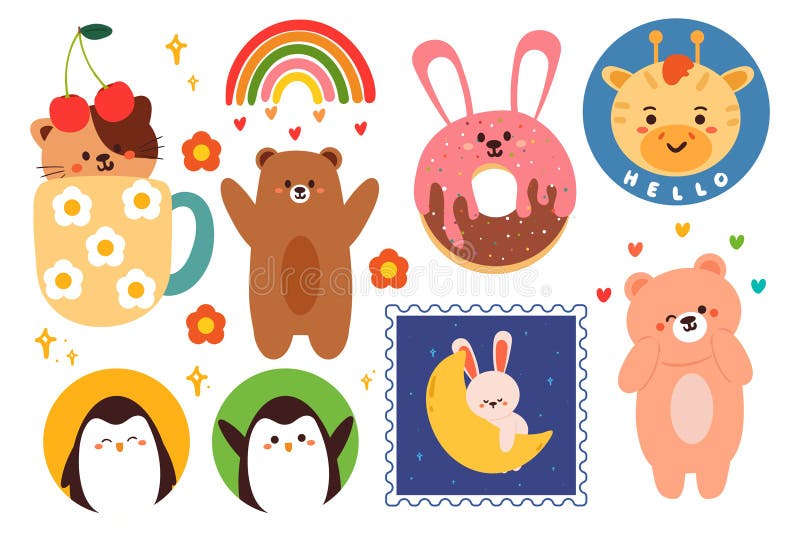 Hand Drawing Cartoon Animal Sticker Set Stock Illustration ...