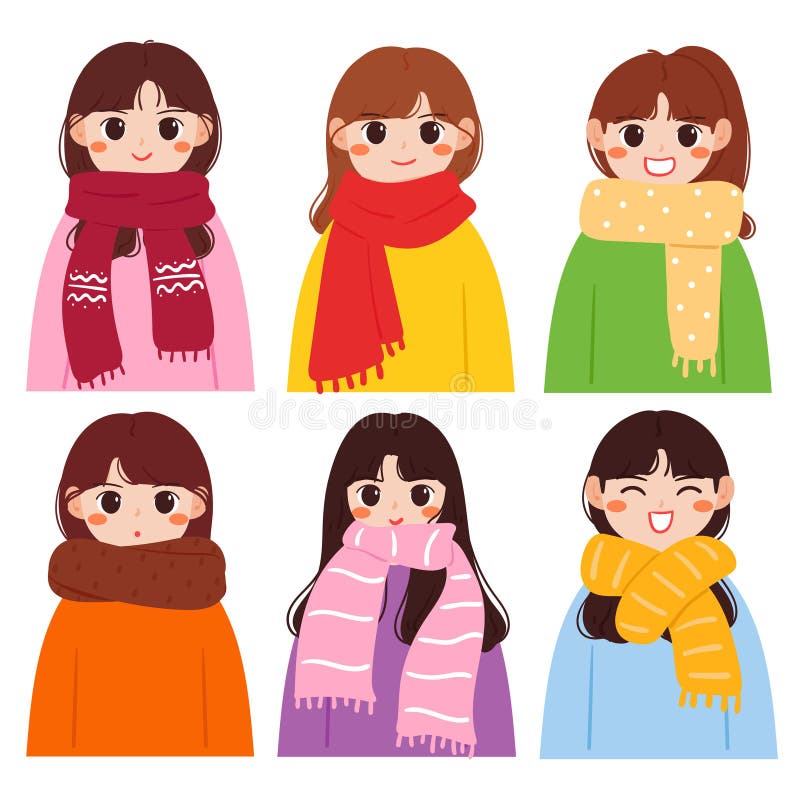 Hand Drawing Cartoon Girls Wearing Scarf Sticker Set Stock Illustration ...