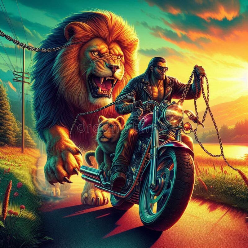 A Man Wearing a Jacket Riding a Motorbike and a Lion Chain Stock ...