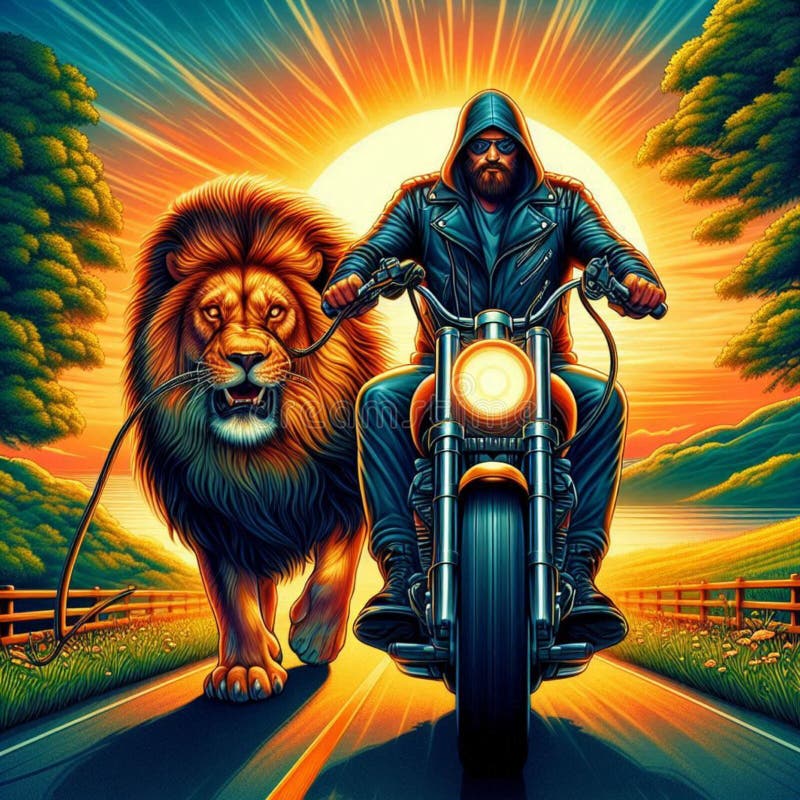 A Man Wearing a Jacket Riding a Motorbike and a Lion Chain Stock ...