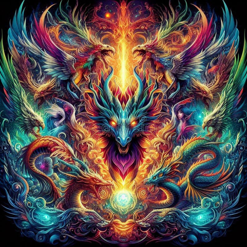 Colorful Dragon with Blue Head and Phoenix Stock Illustration ...