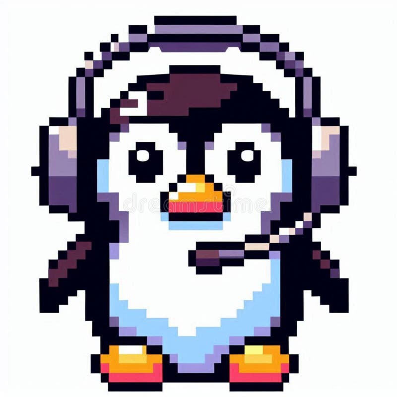 Pixel Art Penguin with Headset on White Background Stock Illustration ...