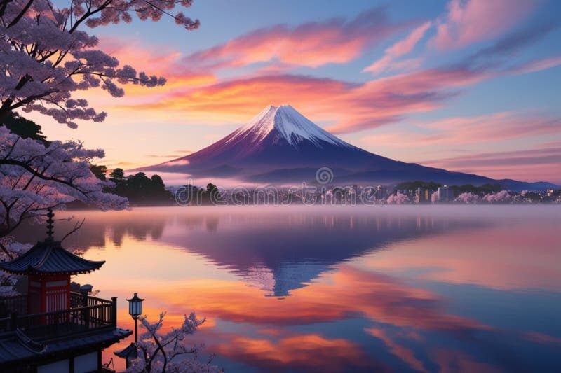 Mount Fuji Design with a Mirror Effect on the Sea Stock Photo - Image ...