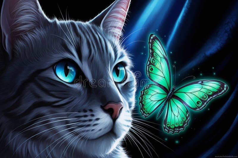 Cat Looking at a Green Butterfly with a Fantasy Theme Stock ...