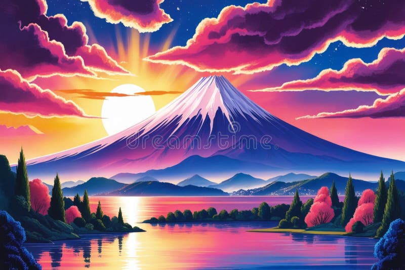 View of Mount Fuji with Beautiful Sunset Stock Illustration ...