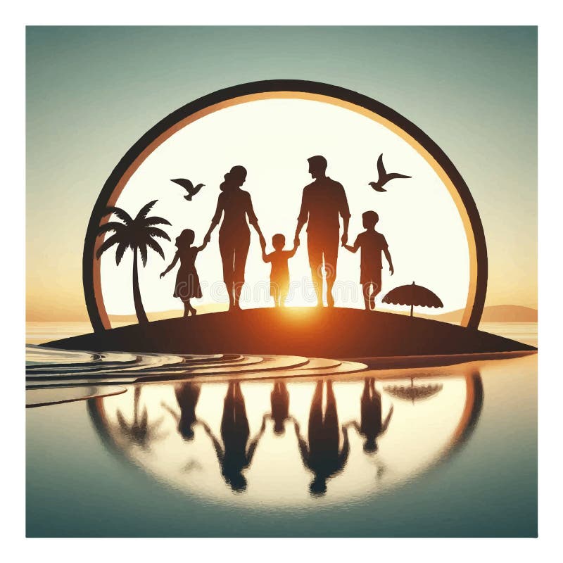 Happy Family Sign on the Beach Silhouette Stock Vector - Illustration ...