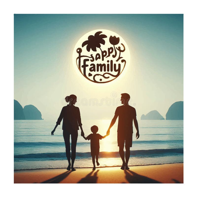 Happy Family Sign on the Beach Silhouette Stock Vector - Illustration ...
