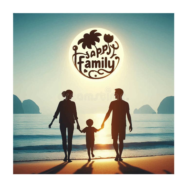 Happy Family Sign on the Beach Silhouette Stock Vector - Illustration ...